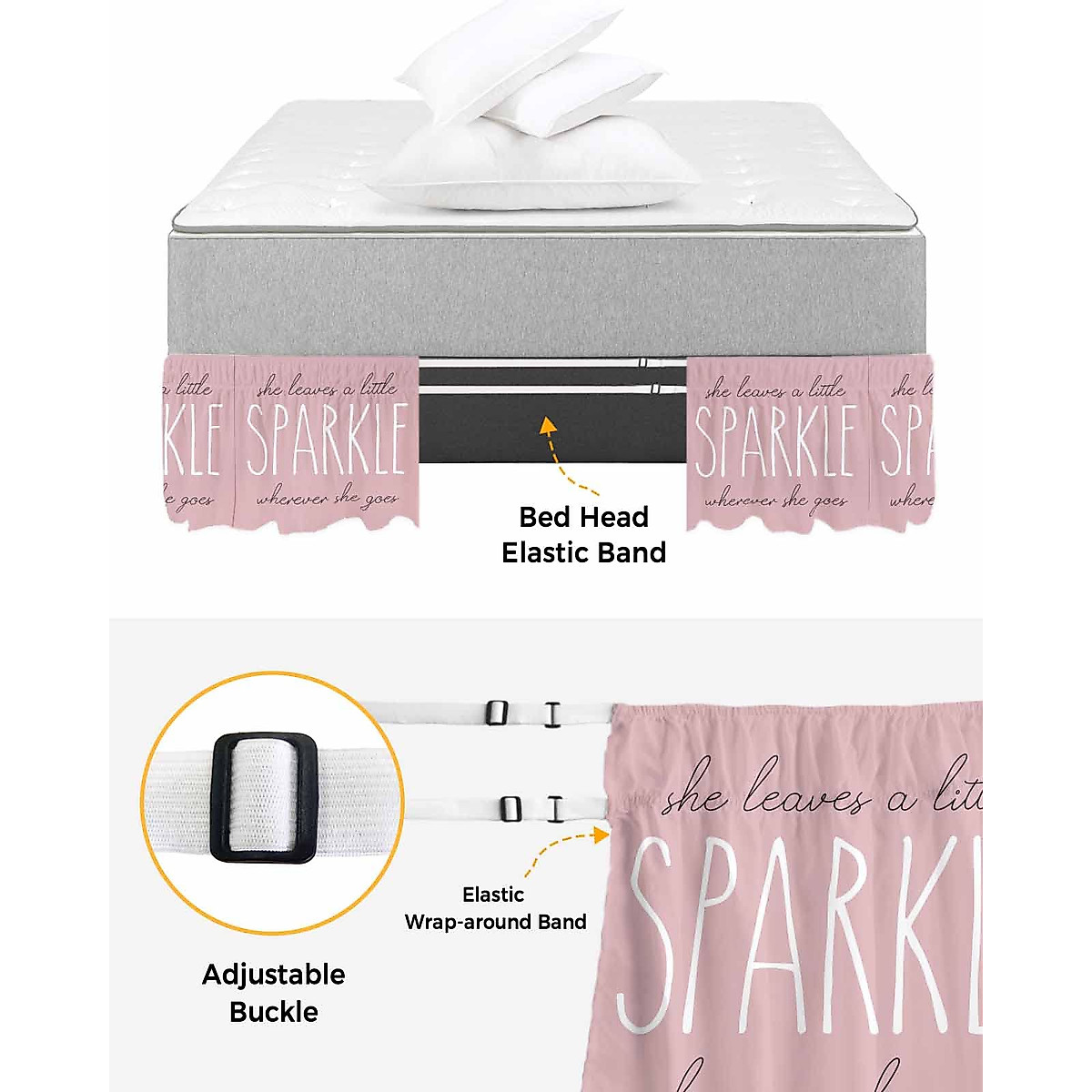 Blush Pink Positive Bed Skirt Queen Size 16 Inch Drop, Adjustable & Elastic Wrap Around Bed Skirts Pleated Luxury Dust Ruffles for Twin Full Queen Cal King Base Bed, Black White Energy Word