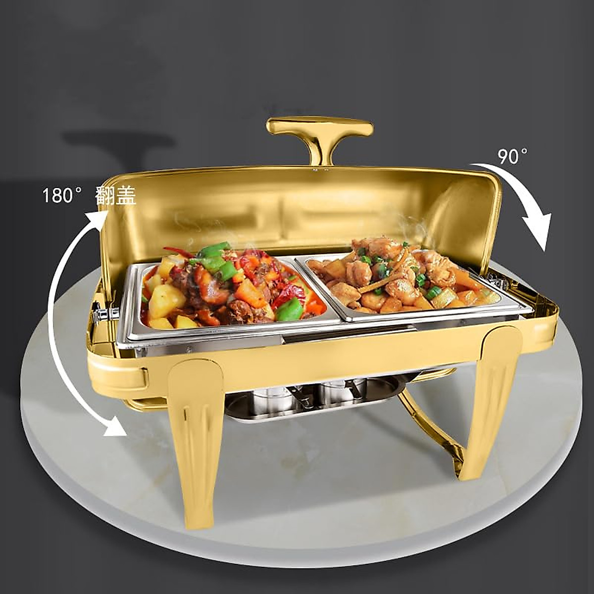 HONHPD Gold Roll Top Chafing Dish Buffet Set, 9 Quart Rectangular Stainless Steel Chafer, Buffet Servers and Warmers Set Warming Tray for Wedding, Parties, Banquet, Catering Events