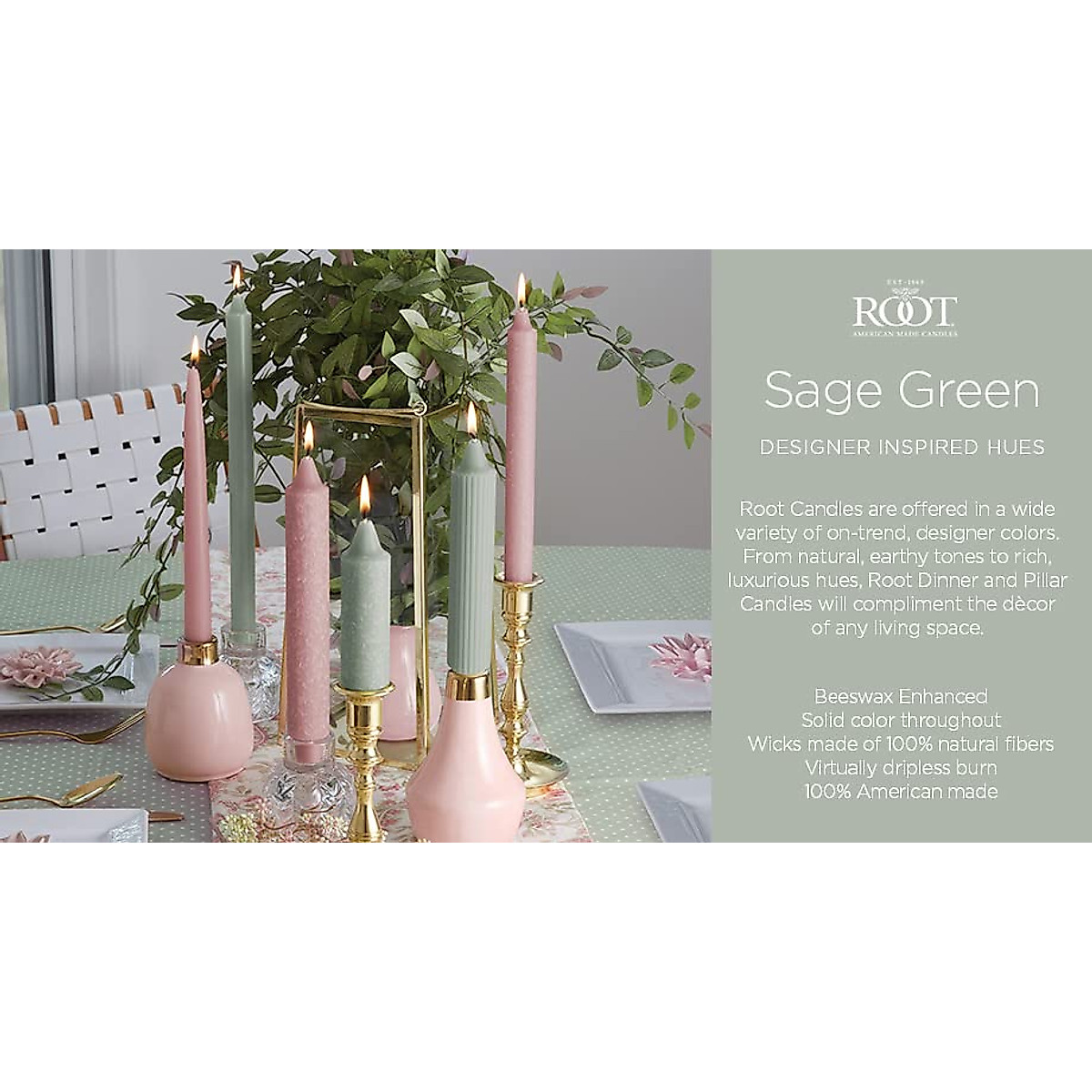 Root Candles Unscented Dinner Candles Beeswax Enhanced Grecian Collenette Boxed Candle Set, 7-Inch, Sage Green, 4-Count