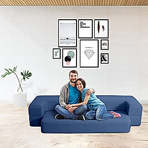 MAXDIVANI WOTU Folding Bed Couch 8" Fold Out Couch Sofa Bed Memory Foam Mattress Comfortable Sofa, Floor Couch Sleeper Sofa Foam Queen, Dark Blue