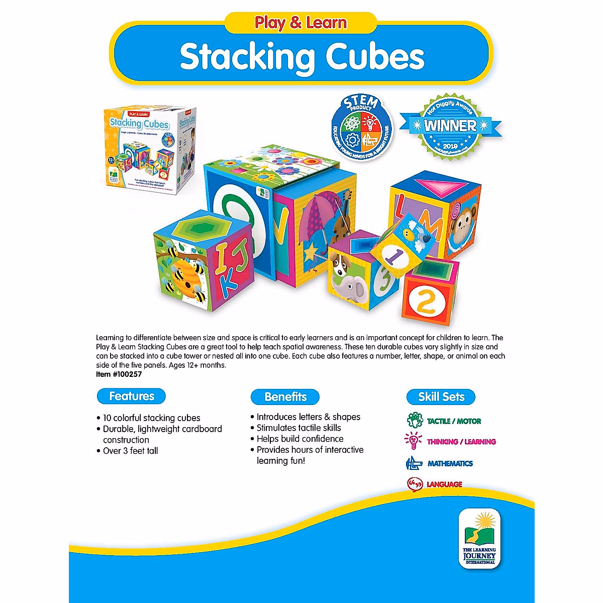 Learning Journey International LLC Play & Learn - Stacking Cubes - STEM Toddler Toys & Gifts for Boys & Girls Ages 12 Months and Up - Mind Building Developmental Learning Toy, Multi (100257)