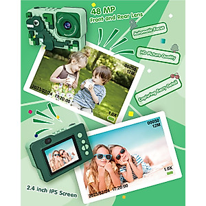 Kids Dinosaur Digital Camera Toys: Kizeefun 3-12 Year Old Boys Girls Christmas Birthday Gifts, Mini HD Selfie Video Baby Camera for 3 4 5 6 7 8 9 Toddler Children with 32GB Card