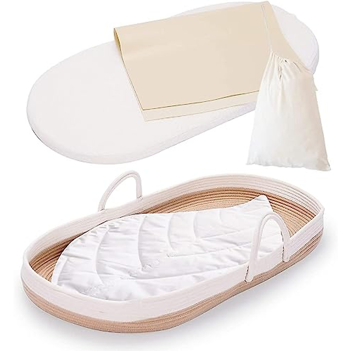 Baby Changing Basket, Portable Cotton Moses Basket for Babies, Nursery Set with Waterproof Leather Pad,Thick Diaper Changing Pad, Leaf Shape Cushion,Storage Bag, Cotton Rope, Changing Table Topper