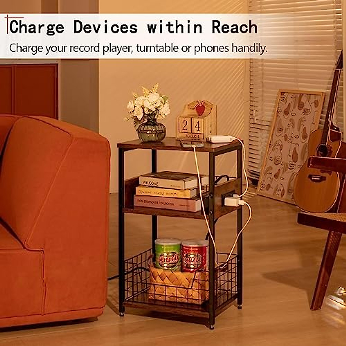 X-cosrack Record Player Stand with Vinyl Record Storage, 3 Tier Side Table with Charging Station & USB Ports, Retro End Table for Living Room Bedroom, Sturdy Wood and Metal Frame, Brown & Black