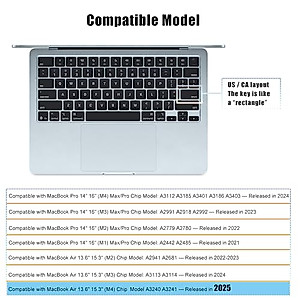 Silicone Keyboard Cover Skin for 2024-2021 MacBook Air & Pro/Max with M3 M2 M1 Chip 15.3" 13.6" 14.2" 16.2 inches A3114 A3113 A2941 A2681 A2992 A2991 A2918 A2779 A2780 A2442 Protector Accessories