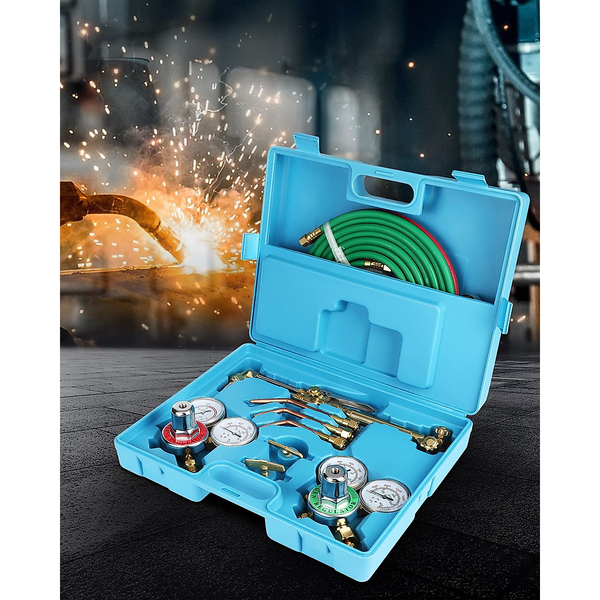 Gas Welding Cutting Kit Oxygen Acetylene Torch Portable Tool Set Oxy Brazing Welder Kit Professional Precision Instrument with Two Hose, Tips, Goggles, Blue Carrying Case