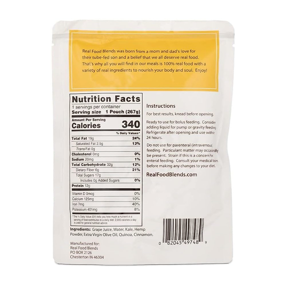 Real Food Blends Quinoa, Kale & Hemp - Pureed Food Meal for Feeding Tubes, 9.4 oz Pouch (Pack of 12 Pouches)