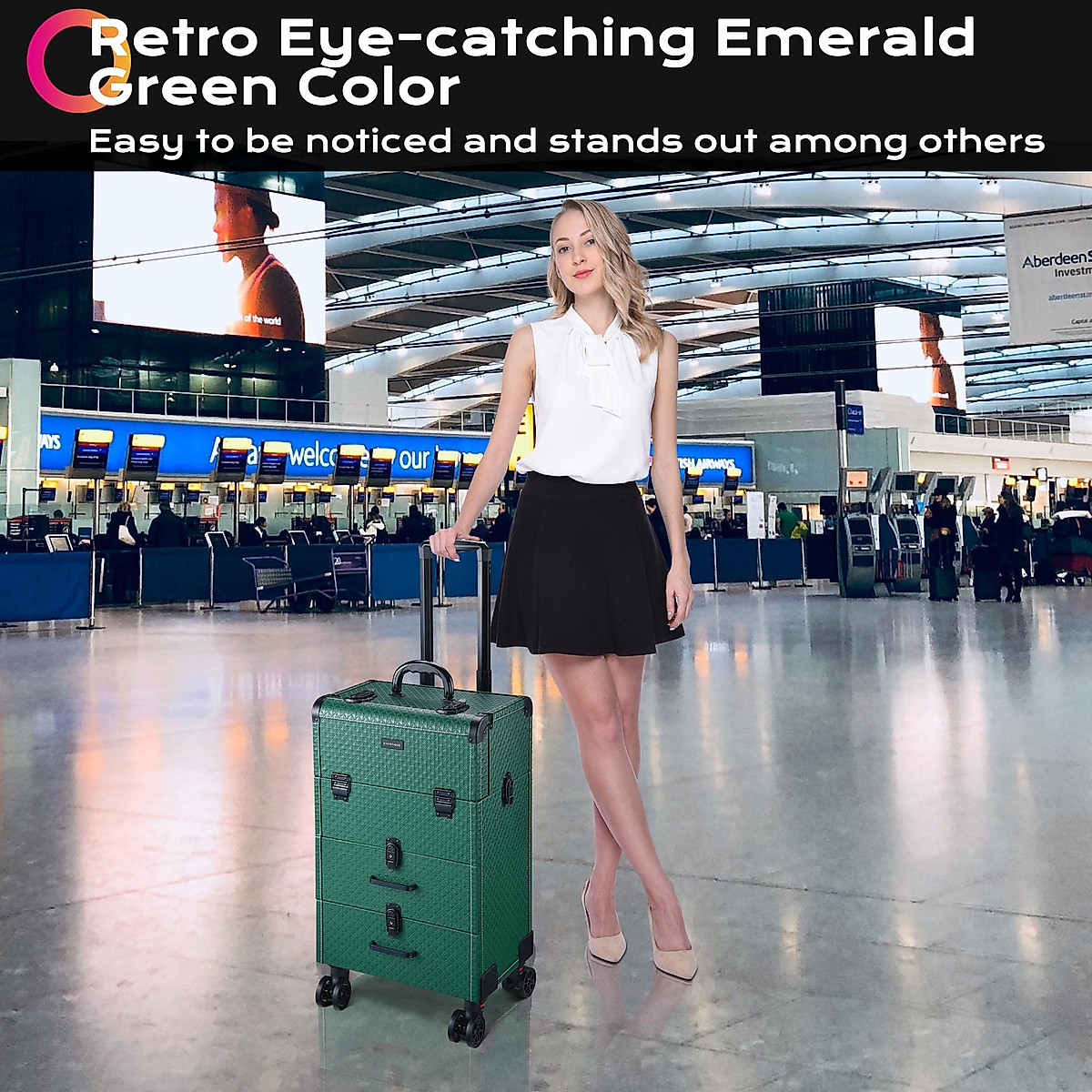 BYOOTIQUE Rolling Makeup Train Case Lockable Portable Cosmetic Organizer Trolley 2 Drawer Beauty Salon