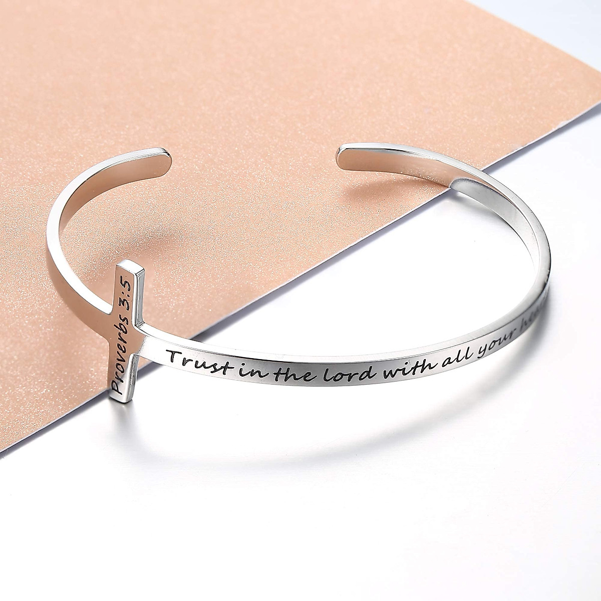 Jewenova Inspirational Cross Bracelet for Women Stainless Steel Religious Cuff Bangle Bible Verse Christian Bracelet for Women Engraved Bracelet, Joshua 1:9