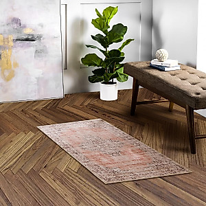 Alwoligag Washable Vintage Rug 2x3 Entrance Rug Non-Slip Indoor Doormat, Bedroom Kitchen Entrance Bathroom Boho Small Rugs (Pink Rug)