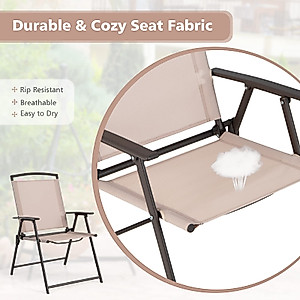 Tangkula 2 Piece Patio Folding Chairs, Outdoor Dining Chairs w/Breathable Fabric, Heavy Duty Steel Frame, Folding Chairs for Garden, Backyard, Poolside, No Assembly Needed (1, Beige)