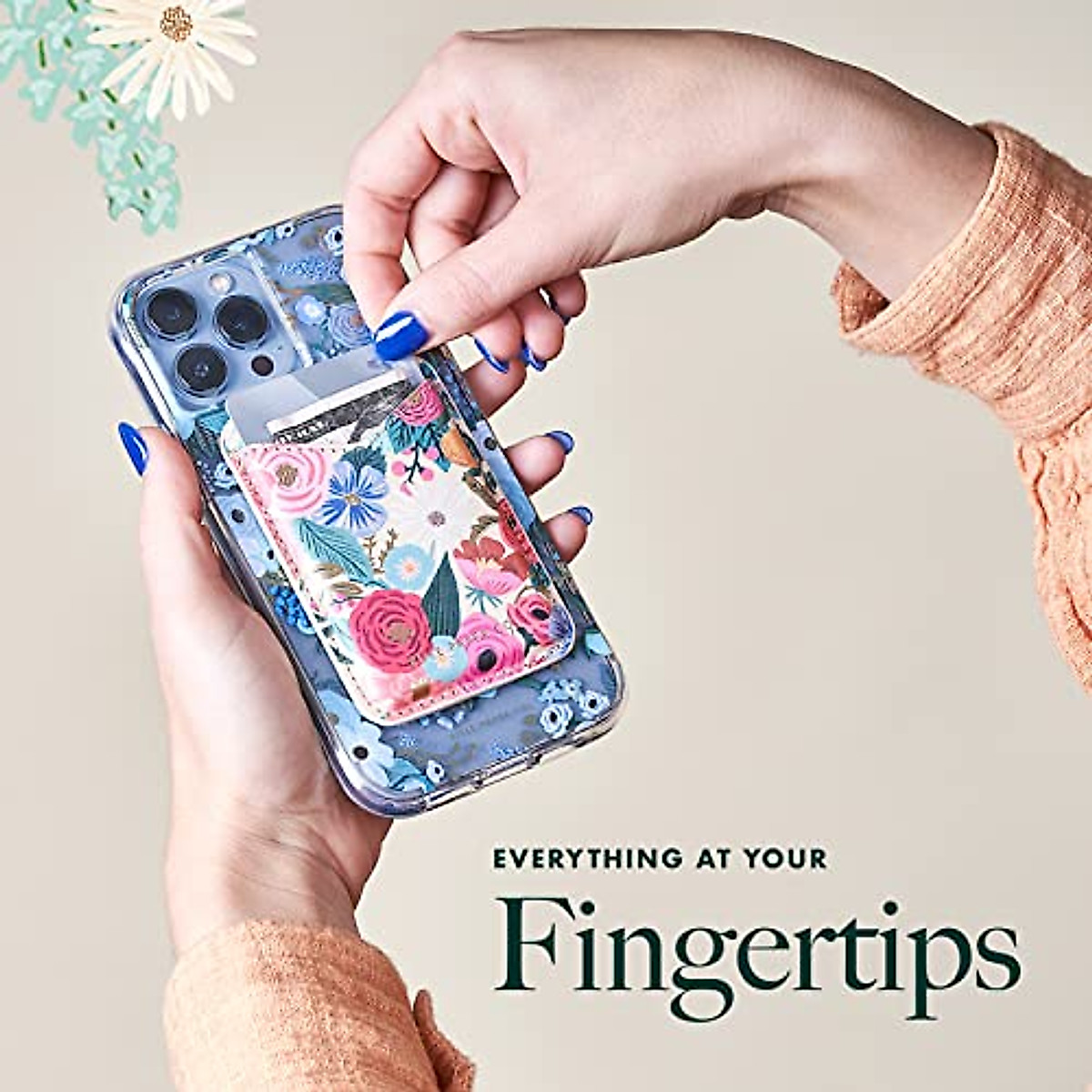 Rifle Paper Co. Magnetic Card Holder - Smooth Vegan Leather MagSafe Wallet [Holds up to 3 Cards] - Slim Detachable iPhone Wallet for iPhone 14 Pro Max/ 13 Pro Max/ 12 Pro Max - Garden Party Blush