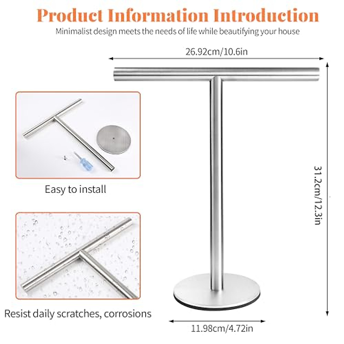 Bathroom Hand Towel Holder Stand，T-Shape Hand Towel Holder Stand SUS304 Stainless Steel for Bathroom，Kitchen or Vanity Countertop(2Pack)