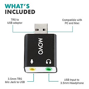 Movo USB-AC 3.5mm TRS Microphone to USB 2.0 Stereo Audio External Sound Card Adapter for PC and Mac. USB Sound Card Adapter for Computer or Laptop Convert USB Input to 3.5mm TRS Headphone or Mic Jack