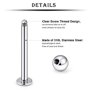 Kridzisw 14G Cheek Tongue Piercing Jewelry Flat Back Cheek Dimple Tongue Rings Stainless Surgical Steel Long Bar Ashley Lip Labret Rings Stud Piercing Jewelry Women Men 16mm Silver Black Rose Gold