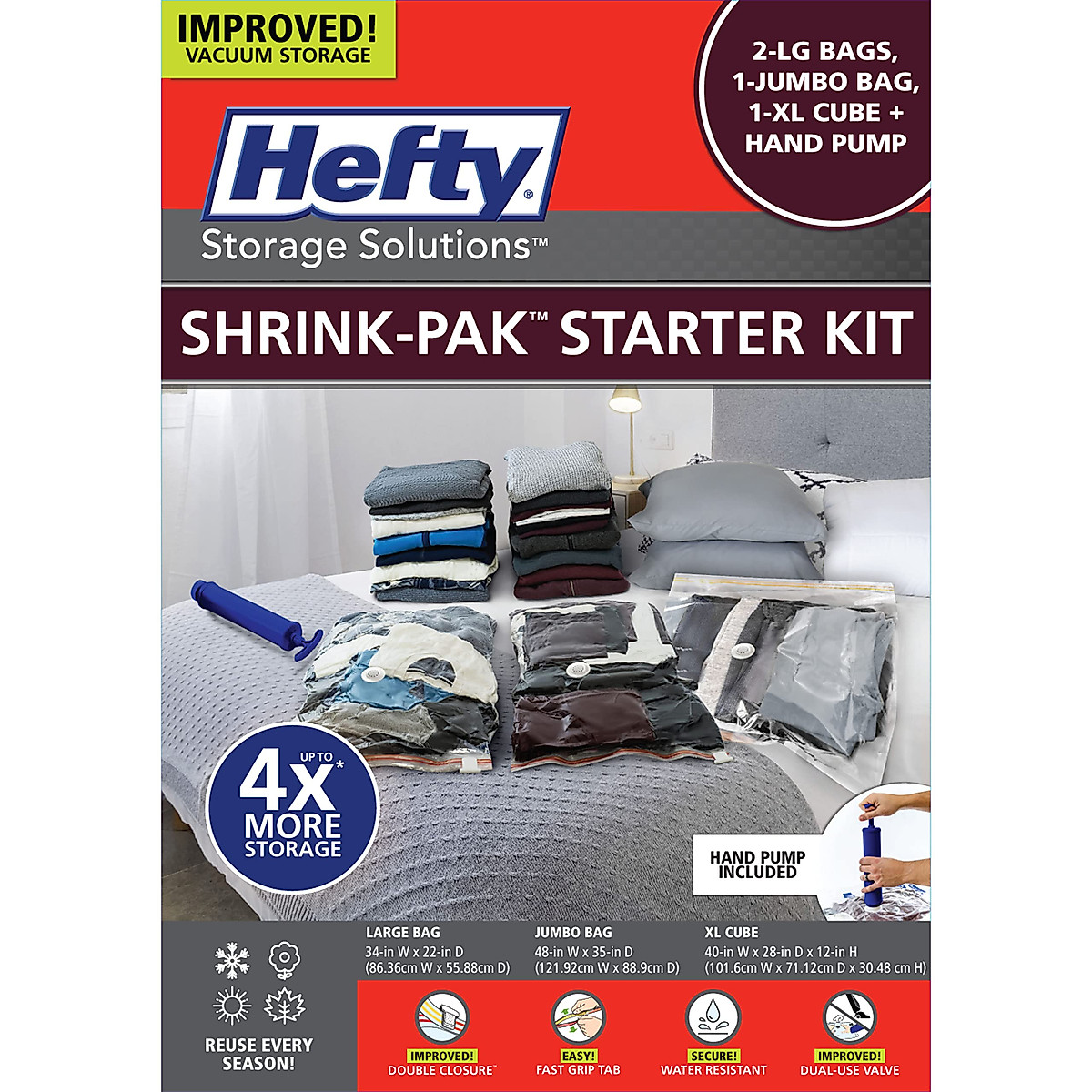 Hefty Shrink-Pak Starter Kit - 2 Large, 1 XL Cube, 1 Jumbo Vacuum Seal Storage Bag and Hand Pump – Space Saver Bags for Clothing, Pillows, Towels, or Blankets, 5 Pc Set