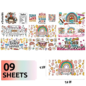 UV DTF Cup Wrap School Transfer for Glass 16oz, 9 Sheetes UV DTF Teacher Transfers Stickers Cup Decals, Rub on Transfers Cup Stickers for Crafts, Ready to Apply, Permanent Adhesive, No Heat Needed