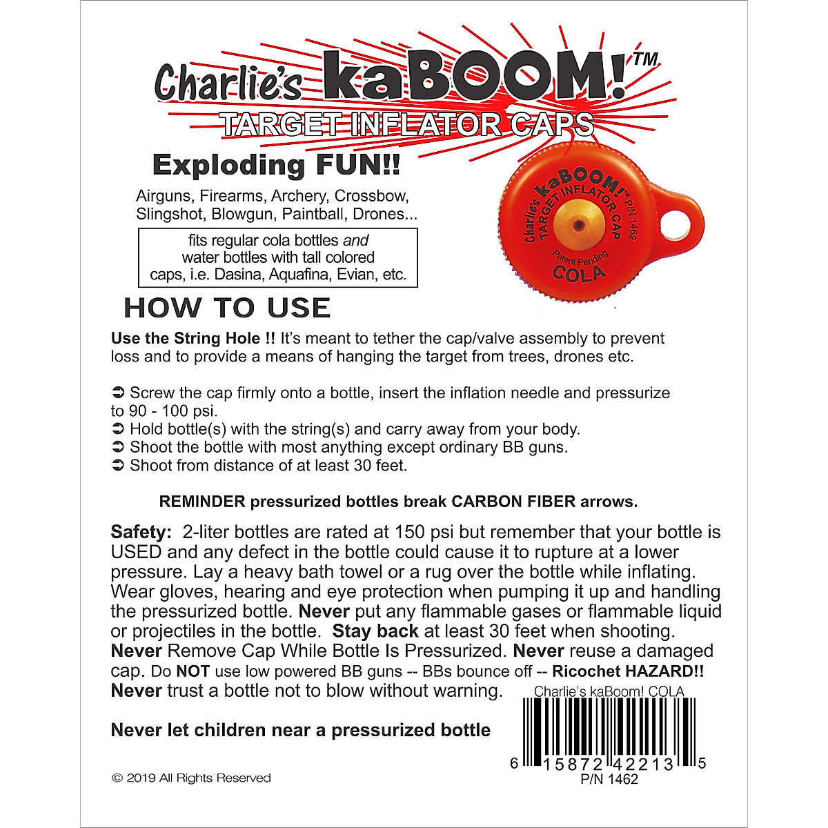 Charlie's kaBOOM! Exploding Cola Target Caps 10-Pack - Turn Plastic Bottles into Reactive Targets - Archery - Bow - Firearms - Pellet Gun- air Rifle and More