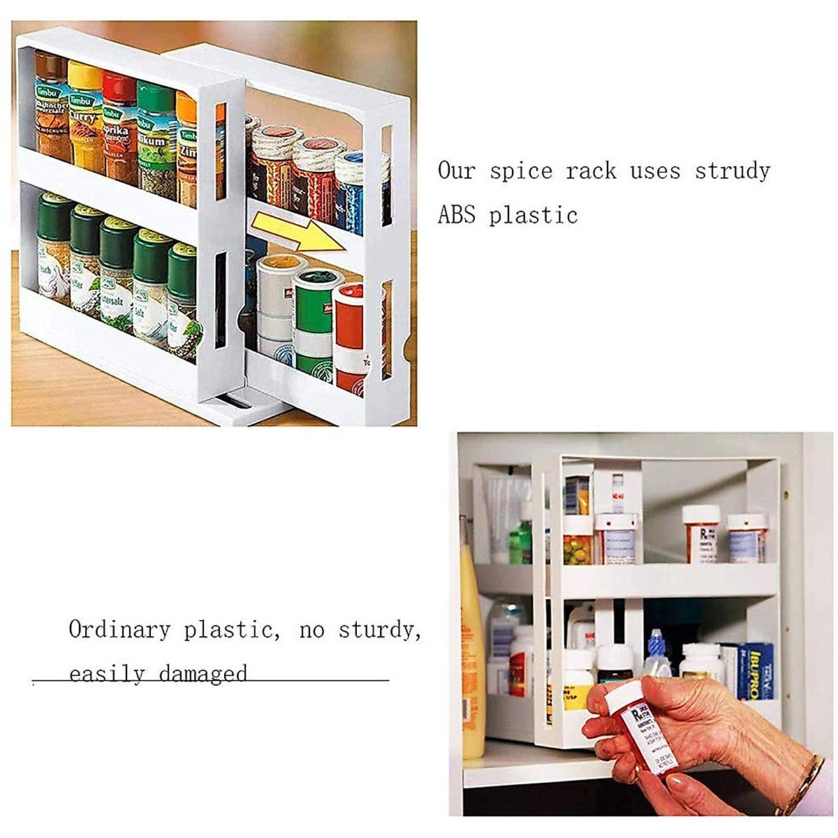 Spice Rack Seasoning Storage Holder, Two 2-Tiered Shelves, Seasoning Spice Jar Rack Rotating Cabinet Shelf Double Kitchen Organizer Swivel Spice Rack For Spice Bottles