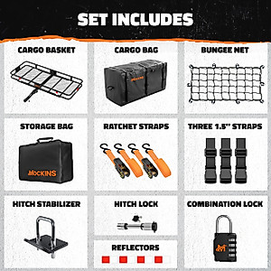 Mockins 60"x24"x6" Folding Trailer Hitch Cargo Carrier w/ 25 CuFt. Cargo Hitch Carrier Bag | 500 Lbs. Cap Weatherproof Steel Luggage Rack for SUV/Car & Vinyl Soft-Shell Car Carrier Cargo Bag