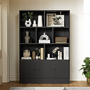 Anystyle Black 10 Cube Bookshelf, 4-Tier Bookcase Storage Cabinet with 3 Doors for Bedroom, Living Room