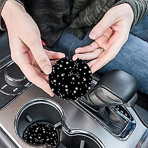 2 Packs Car Coasters Ceramic Cute Car Drinks Coasters for Cup Holders with Cork Back, Fingertip Grip, Drink Car Cup Holder Coasters for Women Men Car Protection 2.56" (Black Stars)