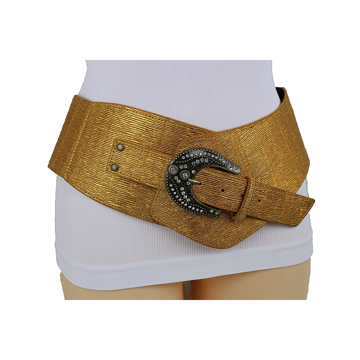 Trendy Fashion Jewelry TFJ Women Wide Western Belt Hip High Waist Faux Leather Dressy M L Metallic Gold