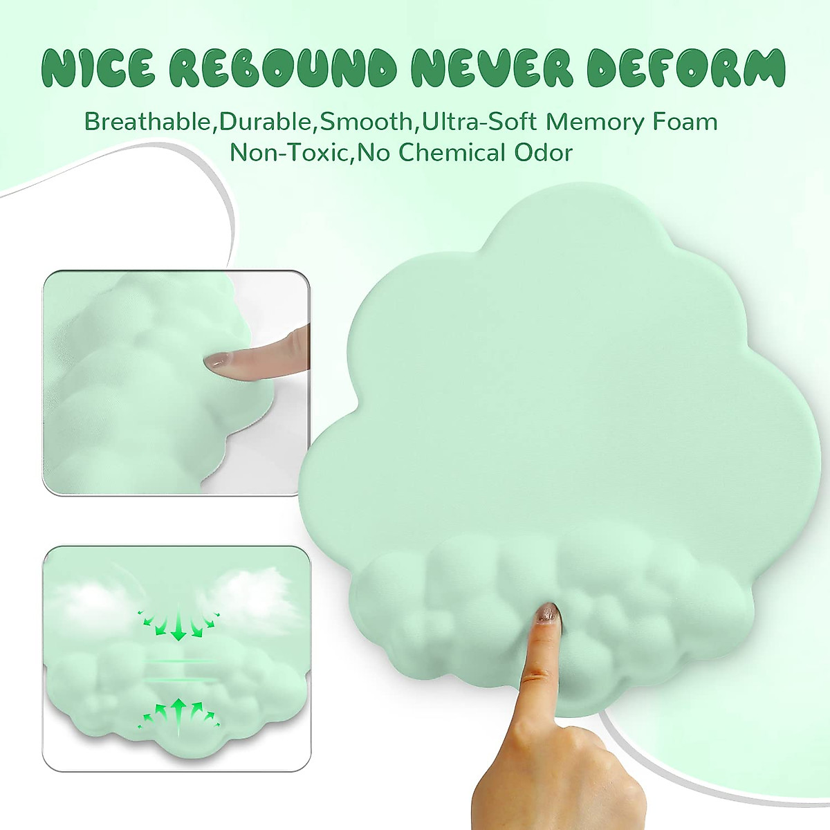 Gaming Mouse Pad Wrist Rest,Ergonomic Cloud Wrist Rest Mousepad with Gel Memory Foam,Non-Slip Rubber Base,Comfortable Mouse Pad for Home Office,Laptop,Mac,Lightweight,Easy Pain Relief (Light Green)