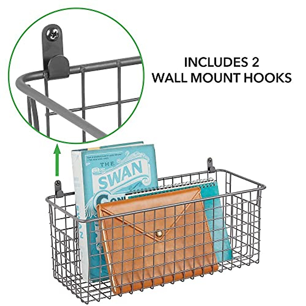 mDesign Portable Metal Farmhouse Wall Decor Storage Organizer Basket Bin with Handles for Hanging in Entryway, Mudroom, Bedroom, Bathroom, Laundry Room - Wall Mount Hooks Included, 2 Pack - Graphite