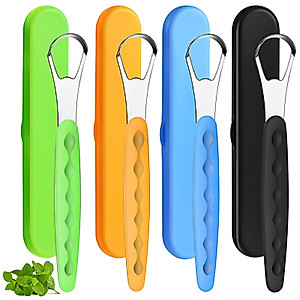 4 Pcs Tongue Scraper Cleaner Adults and Kids Stainless Steel Tongue Brush Metal Tongue Scraper Reduce Bad Breath with Travel Cases for Men Women Oral Mouth, Orange, Black, Green and Blue