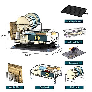slhsy Removable Design 2 Tier Dish Drying Rack/Strainers with Drainboard, Swivel Spout, Cup & Utensil Holder and Drying Mat for Kitchen Counter, Black