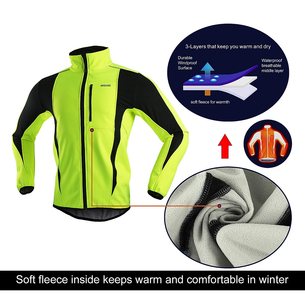 ARSUXEO Winter Warm UP Thermal Softshell Cycling Jacket Windproof Waterproof 15-k