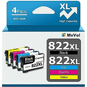 MxVol 822XL Remanufactured Ink Cartridge Replacement for Epson 822XL 822 XL T822XL High Yield to use with EPSON Workforce Pro WF-3820 WF-4820 WF-4830 WF-4833 WF-4834 (Black Cyan Magenta Yellow 4-Pack)