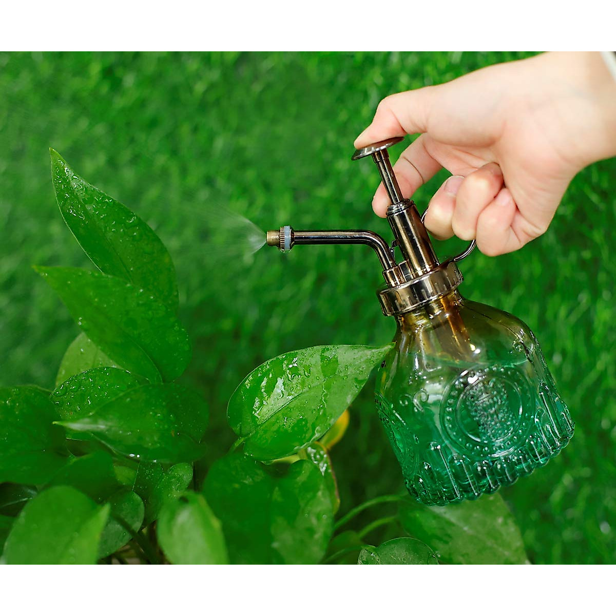Hniuyun Glass Plant Mister Spray Bottle, 6.4 All Vintage Plant Spritzer Watering Can, Bronze Plastic Top Pump, Plant Mister Glass Watering Garden Tool (Yellow Green Gradient)