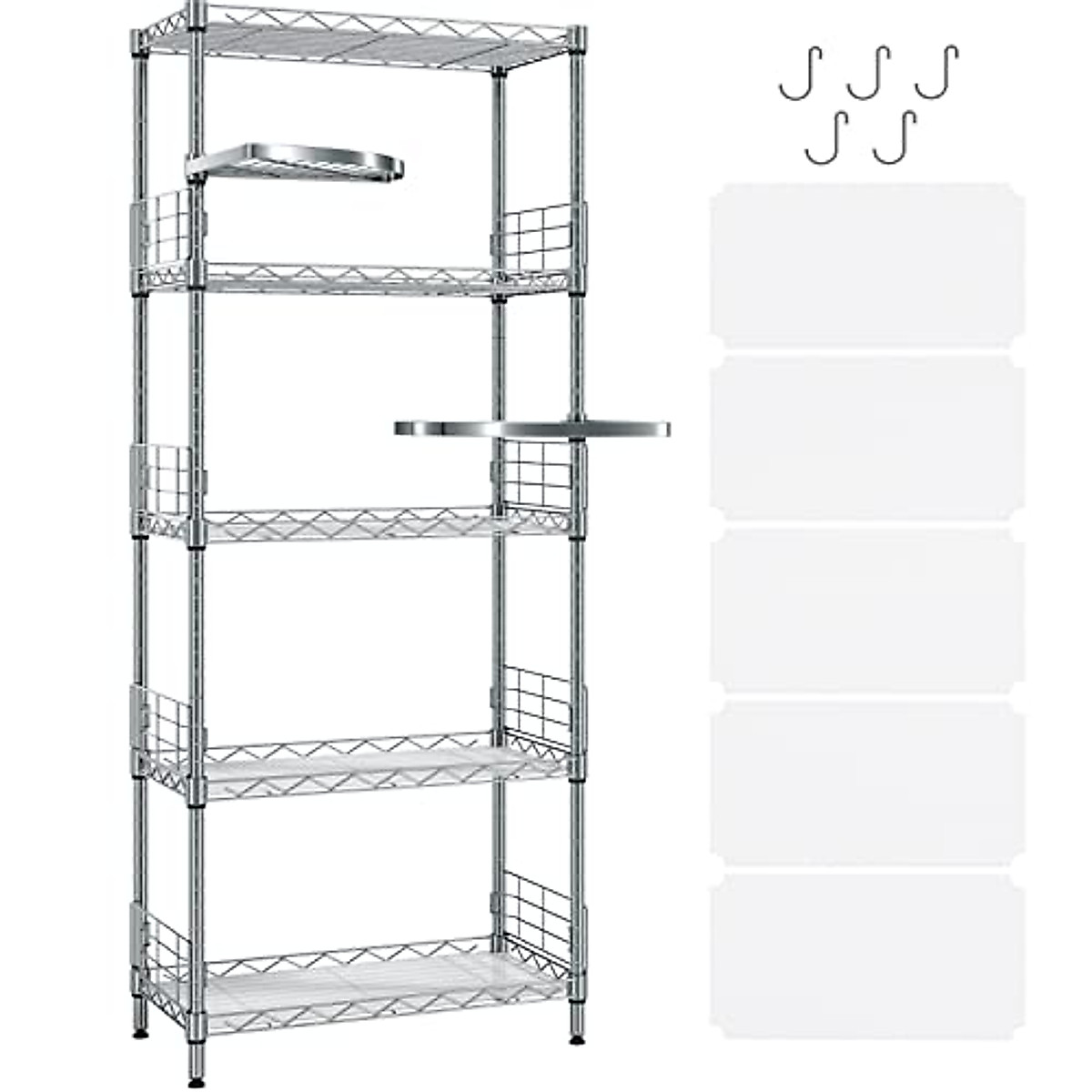 LINSY HOME 5-Tier Storage Shelves with 2 Rotatable Shelves, Height Adjustable Metal Pantry Shelves with 5 Hooks and Shelf Liners, Heavy Duty Metal Shelving, Wire Shelving for Kitchen, Bathroom -Sliver