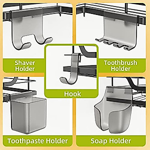 ENIBOE Corner Shower Caddy with 6 Hooks, Self Adhesive Shower Shelves, No Drill Wall Mount Rustproof Shower Organizer, Shower Storage for inside Shower, Large Capacity Shower Rack, 2 Pack (Black)