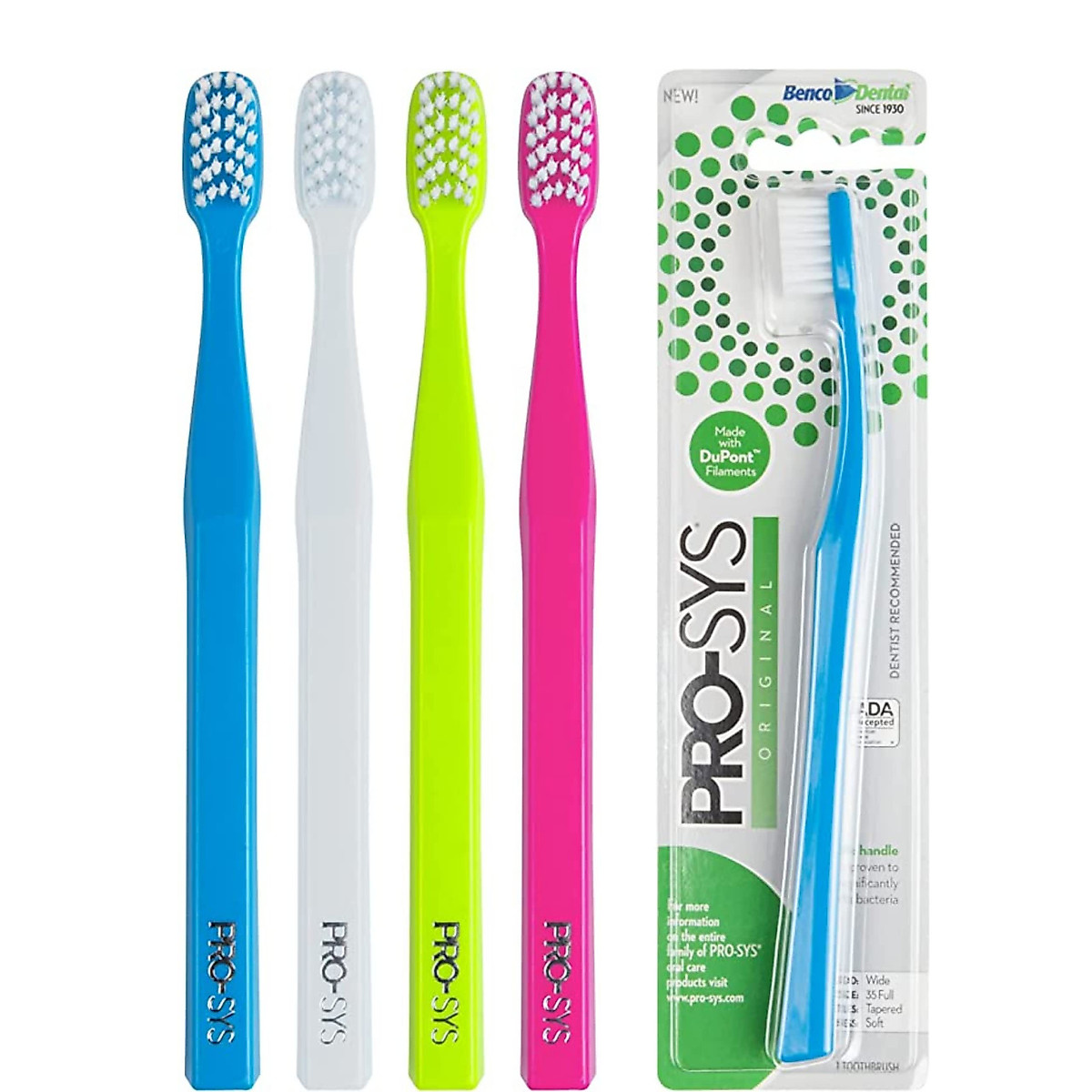 PRO-SYS® Soft Toothbrush for Adult with Sensitive Teeth & Gums, ADA Accepted, with 35-Tuft Wide Dupont® Tynex® Bristles, Pack of 4