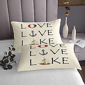 Lake House Quilt Set Twin Size, Nautical Anchor Bedspread Set For Kids Boys Teens Adult, Retro Sailboat Coverlet Set Lakehouse Rustic Beding Set Spring Summer Home Decoration With 1 Pillow Case