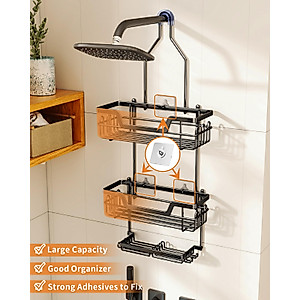 SWTYMIKI 3 Tier Rustproof Hanging Shower Caddy with 16 Hooks & Dual Soap Holder, Large Capacity Over Shower Organizer for Bathroom Shower Room, Black