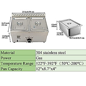 PreAsion 2 Pan Commercial Propane LP Gas Food Warmer Propane Gas Bain Marie Buffet Food Warmer with Regulator Canteen Buffet Gas Steam Table