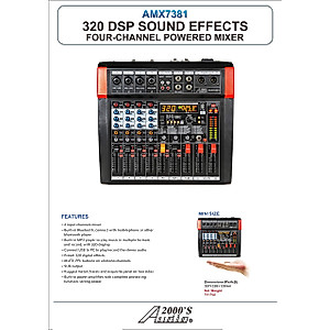 Audio2000'S AMX7381 Four-Channel Powered Audio Mixer with 320 DSP Sound Effects, Stereo Sub Out with Sub-Out Level-Control Fader, Level-Control Faders on All Channels, and USB/Computer Interface