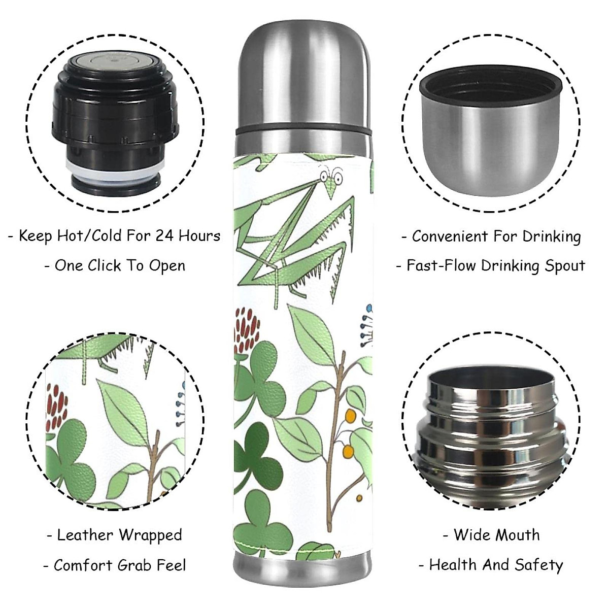 Stainless Steel Leather Vacuum Insulated Mug Flower Thermos Water Bottle for Hot and Cold Drinks Kids Adults 16 Oz