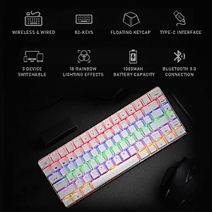 LexonElec Wireless Mechanical Keyboard,Two Mode BT5.0/USB-C 82 Keys Bluetooth Mechanical Keyboard,Rainbow LED Backlit,Compact Gaming Keyboard for Windows Mac PC Gamer(White)