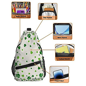 Sling Backpack, St. Patrick's Day LUCKY Green Clover Rustic Cotton Linen Background Waterproof Lightweight Small Sling Bag, Travel Chest Bag Crossbody Shoulder Bag Hiking Daypack for Women Men