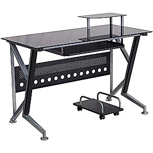 Flash Furniture Singleton Black Glass Computer Desk with Pull-Out Keyboard Tray and CPU Cart