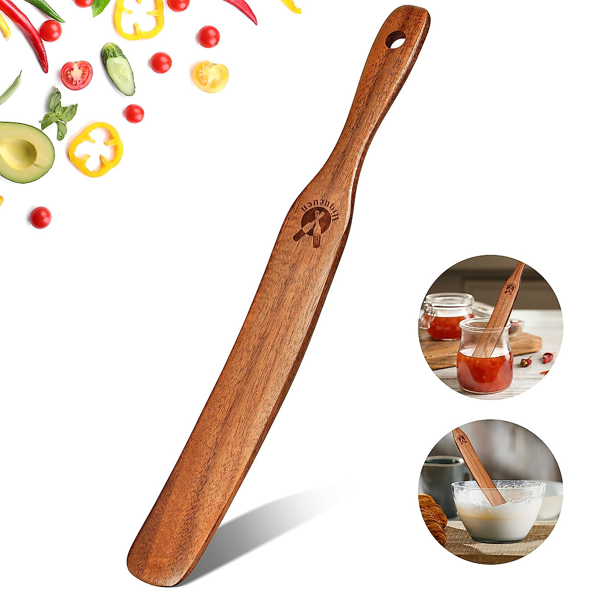 Skinny Spurtle for Sourdough Starter, Mixing, Reaching Bottom of Jar, Dough Whisk, 100% Natural from High Moist Resistance Teak, Spurtles Kitchen Tools Wooden Kitchen Utensils for NonStick Cookware