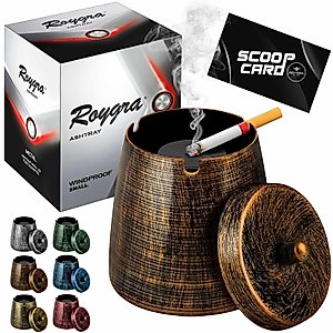roygra Ashtray with Lid, Windproof Smokeless Metal Ashtray – Bronze, Small Size (3.81 x 3.08 x 3.08’’)