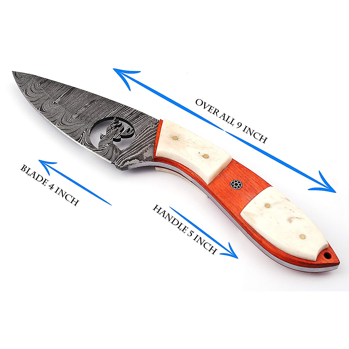TMBrands Damascus Hunting Knife, Fixed Blade Knife, Camping Knife & Gift Knives with Rose Wood & Bone Handle & Leather Knife Sheath