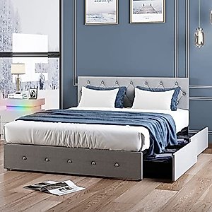 Mjkone Full Size Bed Frame, Upholstered Platform Bed Frame with 4 Built-in Storage Drawers & Adjustable Headboard, Button Tufted Design, No Box Spring Needed- Light Grey