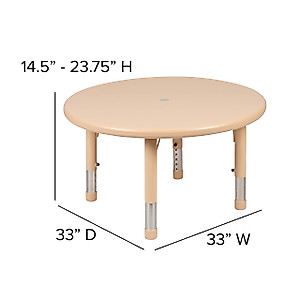 BizChair 33" Round Natural Plastic Height Adjustable Activity Table - School Table for 4
